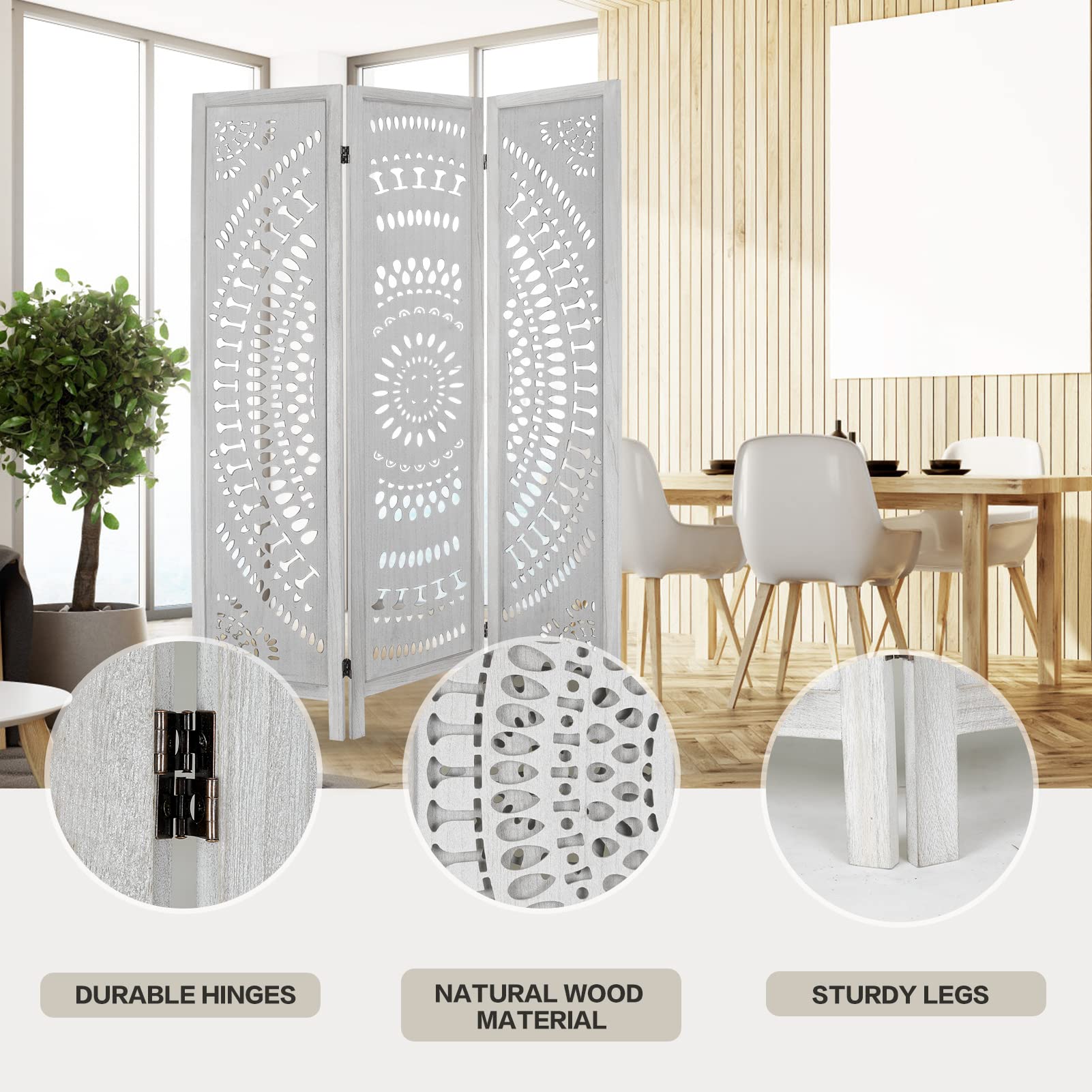 ECOMEX Carved Room Dividers,4 Panel Room Divider with Hand Carved Vintage Style Room Dividers and Folding Privacy Screens,Retro Flower Pattern, Brown