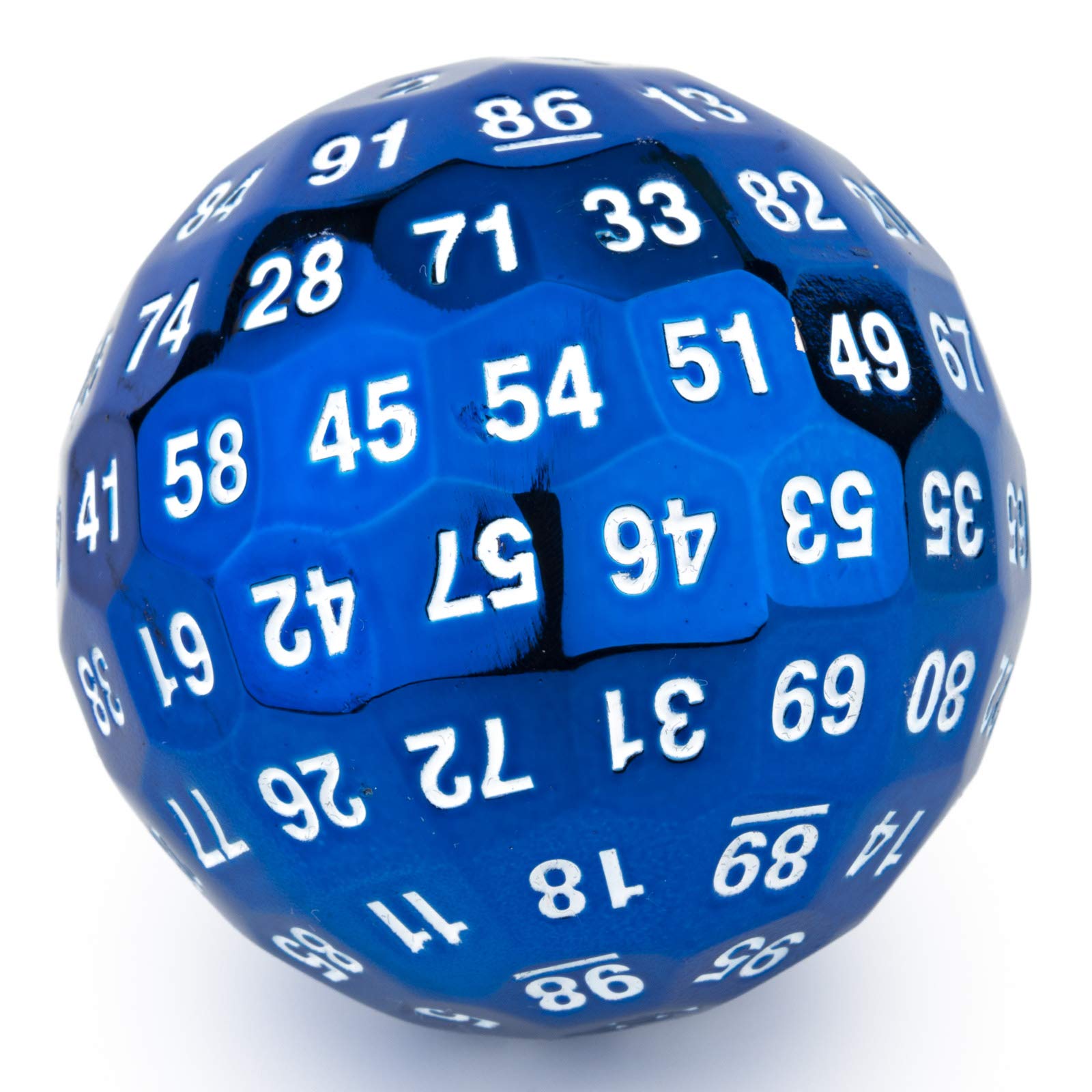 Single 100 Sided Polyhedral Metal Zinc Alloy Dice D100 dice Dungeon, Solid Blue Color with White Numbering (50mm)