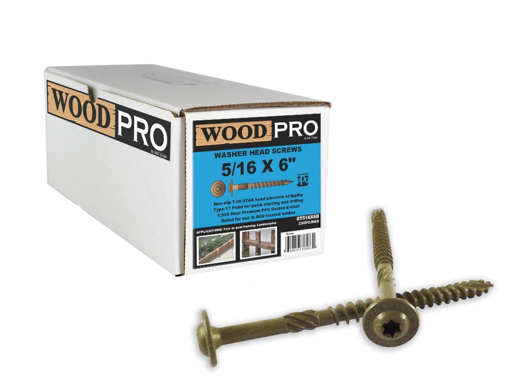 WoodPro Fasteners ST516X6B 5/16-Inch by 6-Inch Length Round Washer Head Exterior Wood Screws, 250-Pack , Gold