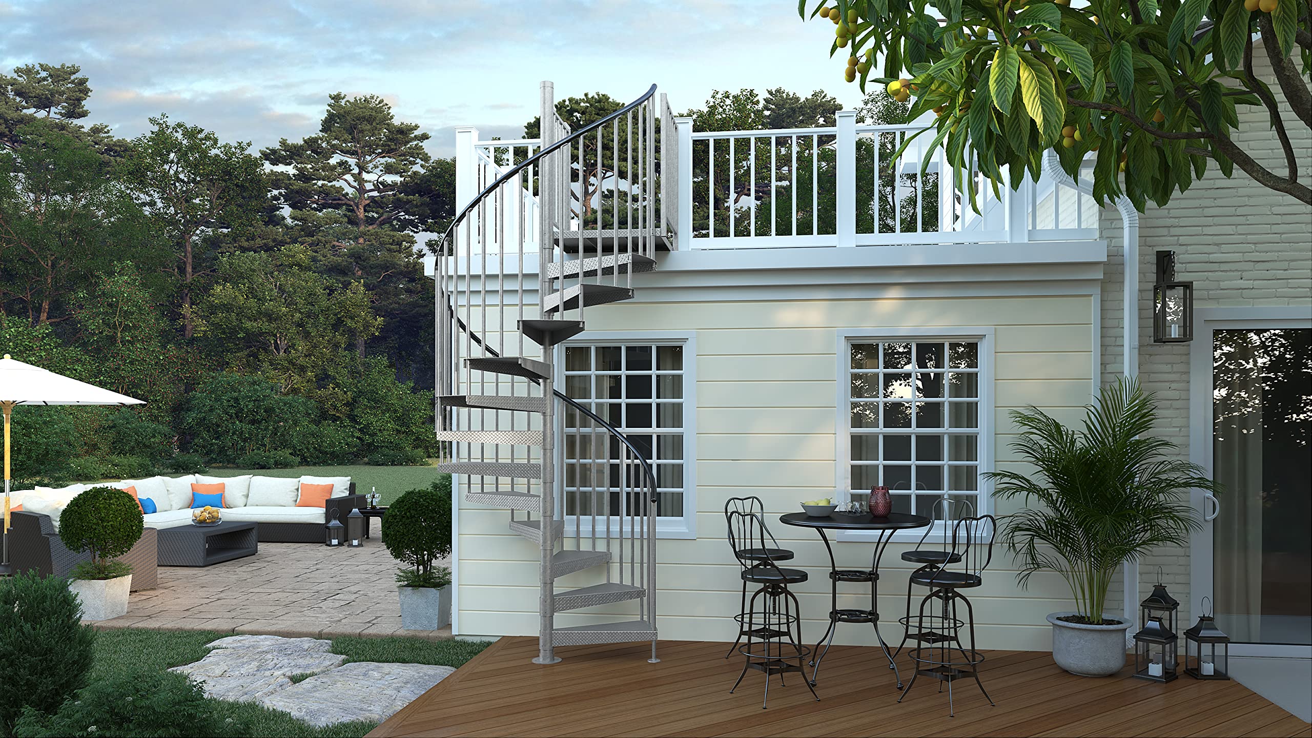 Mylen STAIRS Reroute Galvanized Exterior 60in Diameter, Fits Height 136in - 152in, 2 36in Tall Platform Rails Spiral Stair Kit