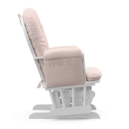 Storkcraft Premium Hoop Glider and Ottoman (White Base, Pink Cushion) – Padded Cushions with Storage Pocket, Smooth Rocking Motion, Easy to Assemble, Solid Hardwood Base