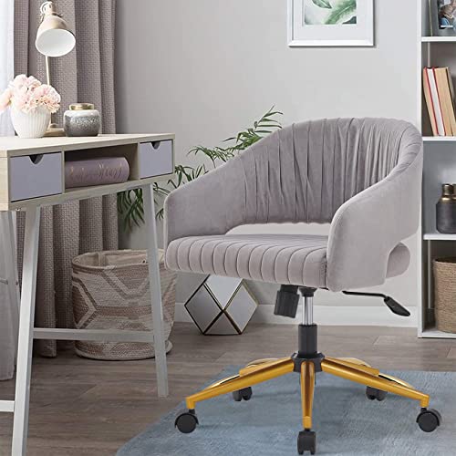 Home Office Cute Desk Chair Swivel Velvet Desk Chair Modern Cute Desk Chair with Gold Base for Girls Women Ergonomic Study Seat Computer Task Stools for Living Room (Grey)