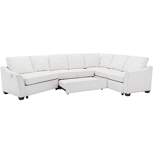 ERYE 129.5" L-Shaped Sofa W/Pull USB Charging Port, Modern Functional Corner Sectional Convertible Sleeper & Couch Bed for Home Apartment Living Room, Beige