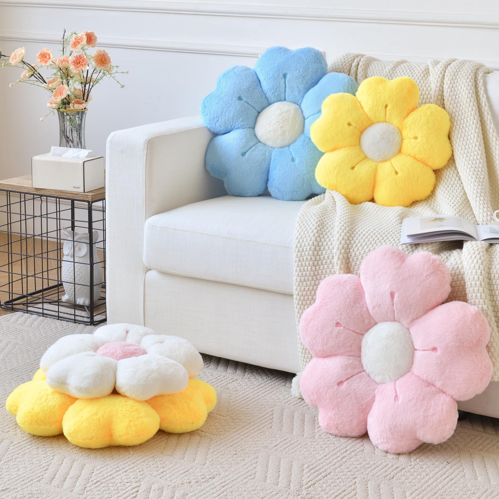 Ddliury Flower Pillow, Flower Shaped Pillow Decorative Throw Pillows for Bed Couch, Cute Daisy Pillow Dorm Decor Floor Seating Cushion (Yellow, 15 Inches)
