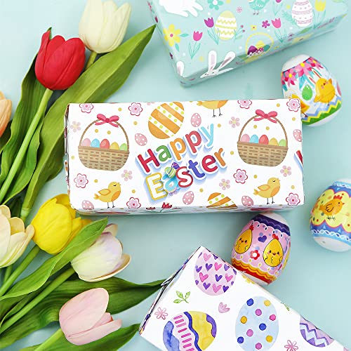 Easter Wrapping Paper,4 Sheets 4 Designs Bunny Eggs Chicken Gift Wrapping Paper,20 x 28 Inch Funny Cute Pattern Gift Wrap With Ribbon For Easter Spring Birthday Holiday Baby Shower Party All Occasion