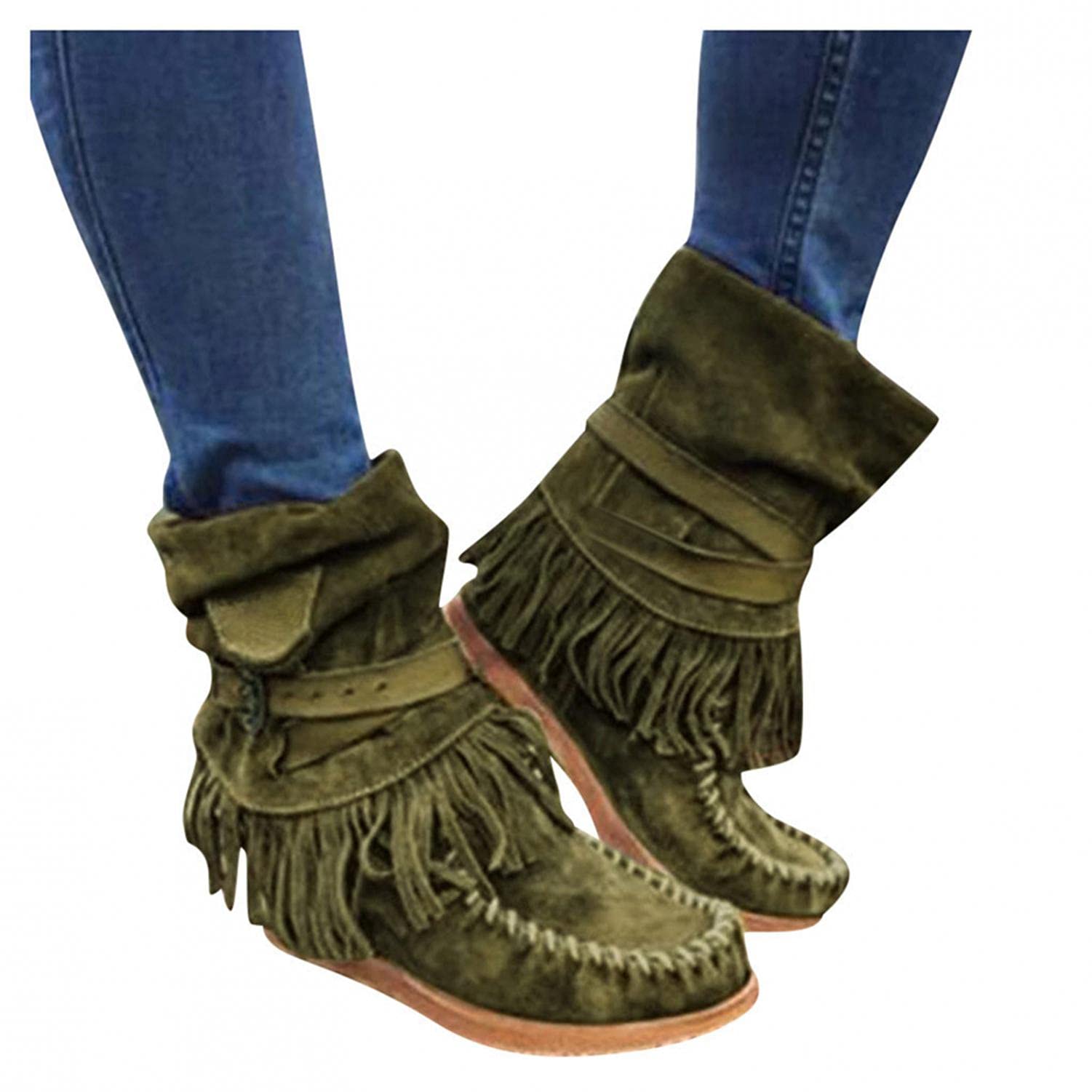 Boots for Women Ankle Booties Women’s Fashion Buckle Ankle Booties Leather Double Strap Fringe Motorcycle Boots Round-Toe/Rubber Lug Sole