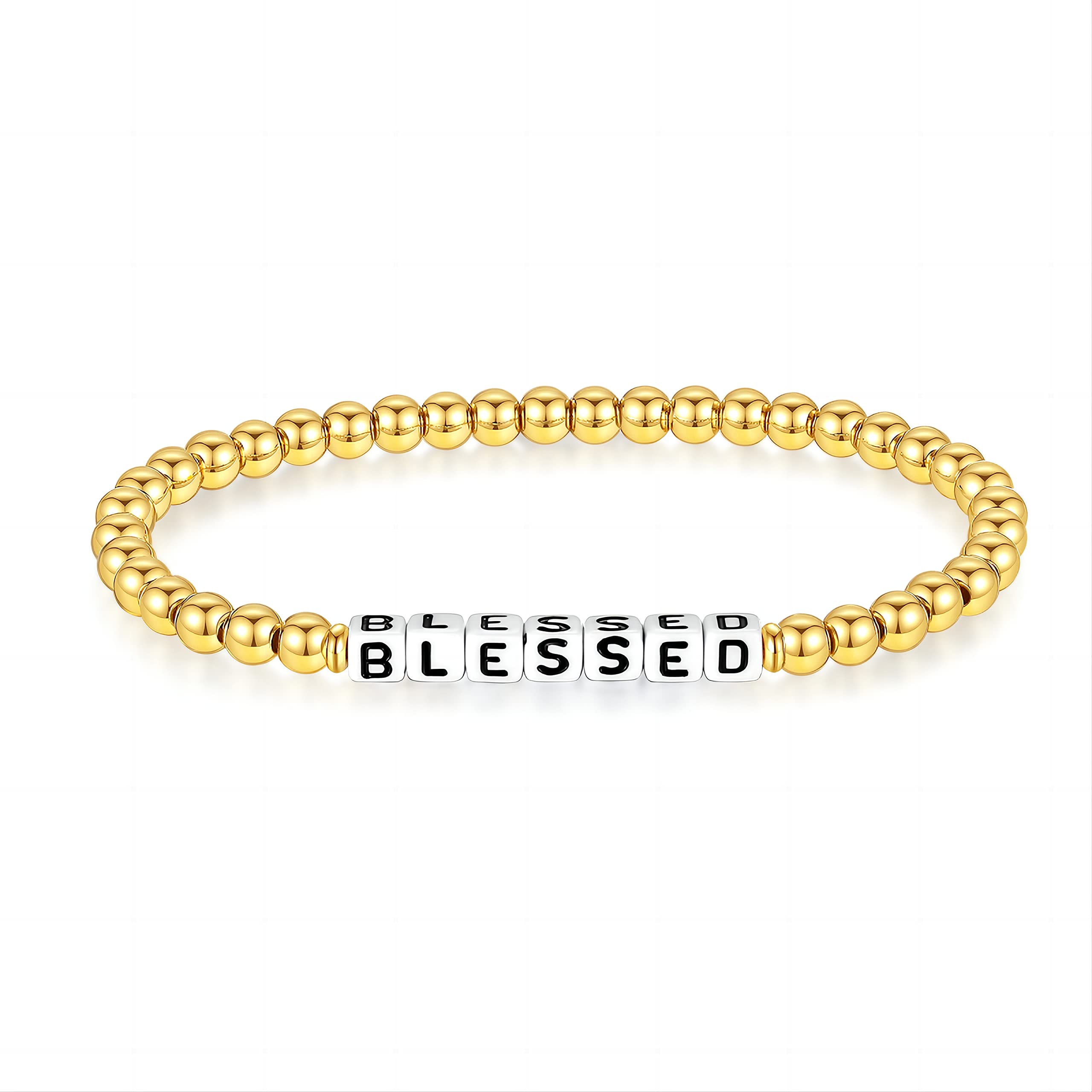 Byson Brass Beads Ball Bracelet with English Letter Copper Beads Balls Stretchable Elastic Gold Beaded Bracelets for Women & Men 7.5" (BLESSED)