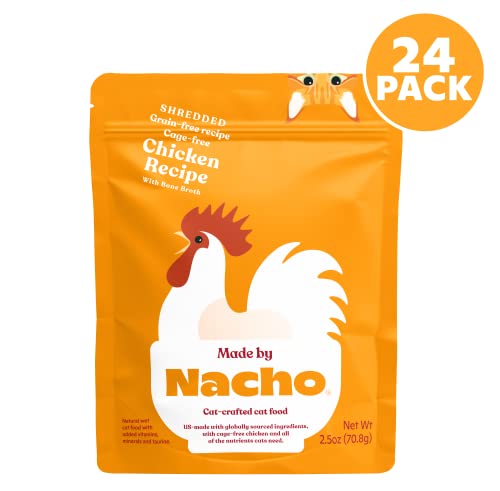 Made by Nacho Wet Cat Food Broth Meal Topper, Cage-Free Shredded Chicken in Bone Broth for Extra Hydration, Limited-Ingredient Sensitive Diet, 24 Pouches 2.5oz