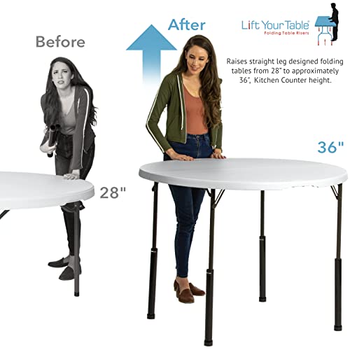 Lift Your Table® Folding Table Risers, Easy-to-Use Straight Leg Folding Table Extensions, Counter Height, Raises Folding Tables 8” Inches. Durable, Sturdy. Set of 4, Black, Made in The USA