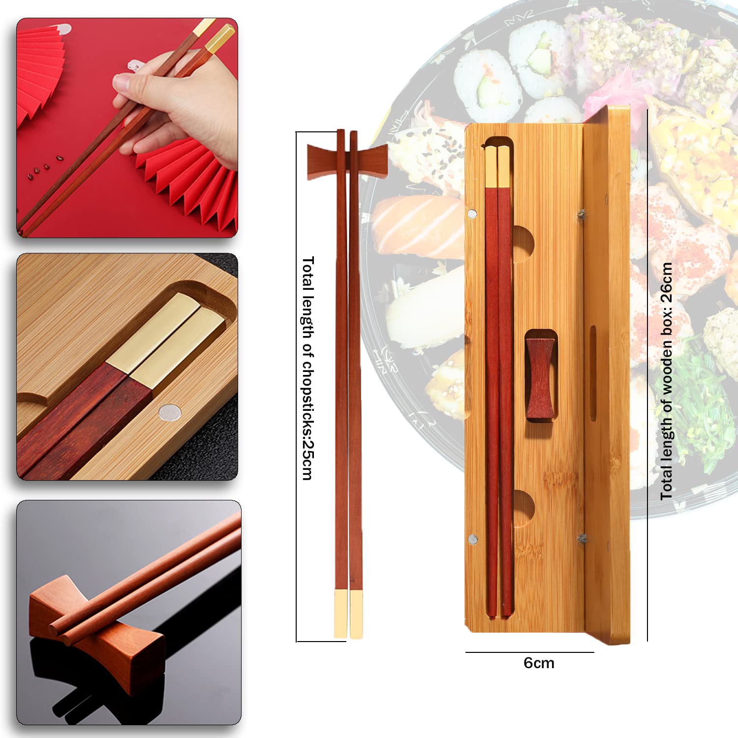 Chopsticks,Chopsticks Reusable,Wooden Chop Sticks,With Exquisite wooden box packaging,Sushi Wood Chopsticks,For Kitchen, Dining Room,Gourmet,Noodles,Hot Pot,etc(Long:25cm)