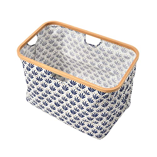 Household Essentials Bamboo Rimmed Krush Basket with Cutout Handles, Blue Cacti