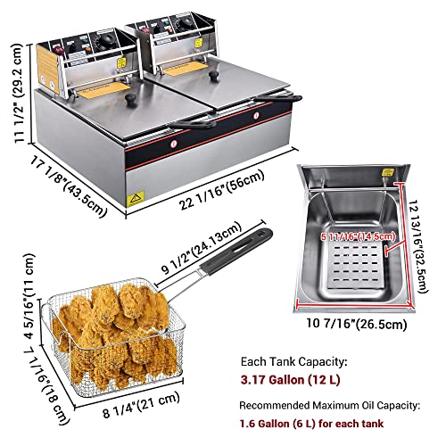 WeChef Large Commercial Deep Fryer 5000W 24L Stainless Steel Electric Countertop Restaurant Equipment Dual Tank Basket