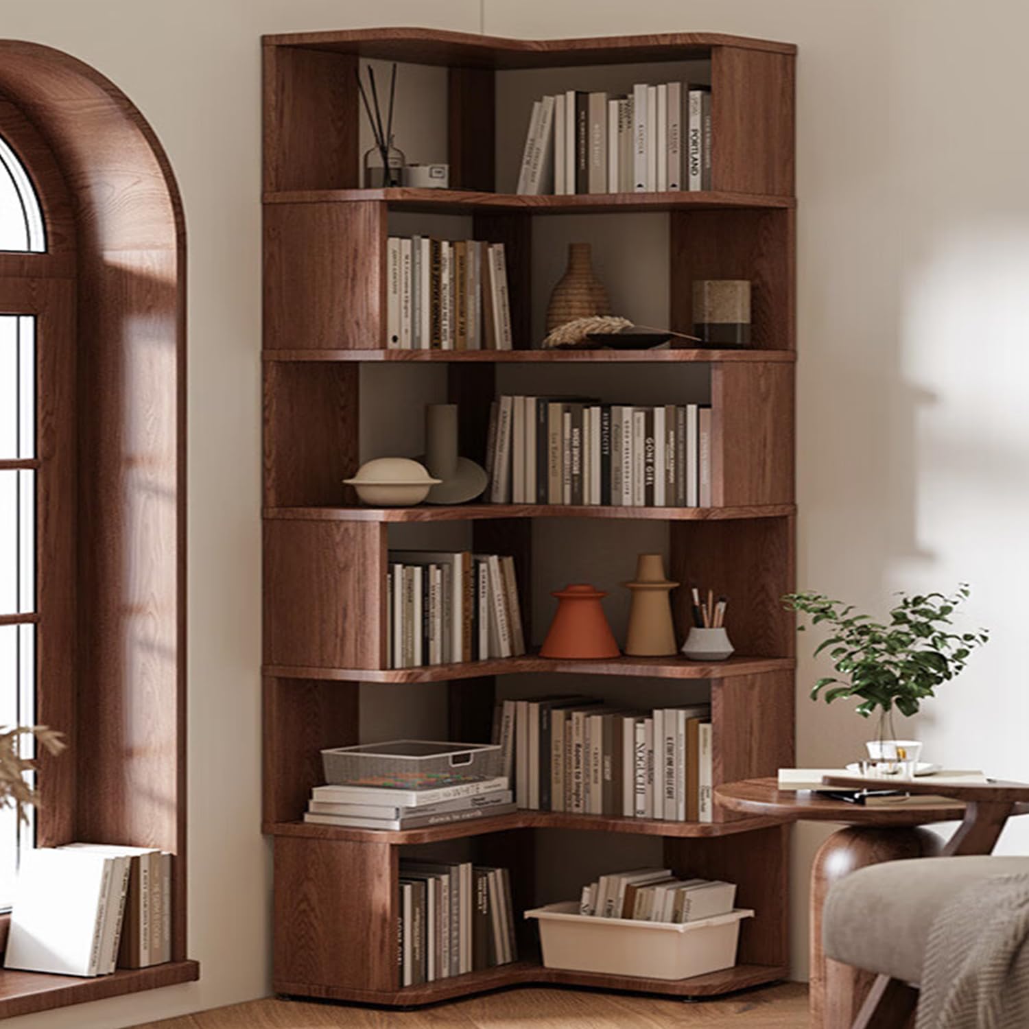 DDJ 6-Tier Solid Wood Corner Bookshelf, 75.2" Tall Corner Bookcase, Bookshelf Organizer, Freestanding Open Corner Display Shelf Storage Rack for Living Room, Bedroom, Home Office, Walnut