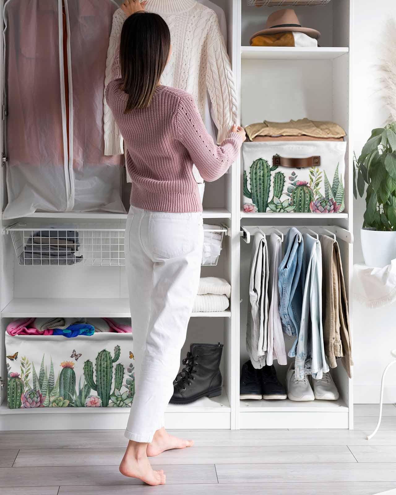 Tropical Cactus Cube Storage Organizer Bins with Handles,15x11x9.5 Inch Collapsible Canvas Cloth Fabric Storage Basket,Books Bin Boxes,Closet Green Summer Fall Succulent Plant Butter-fly 1 Pack