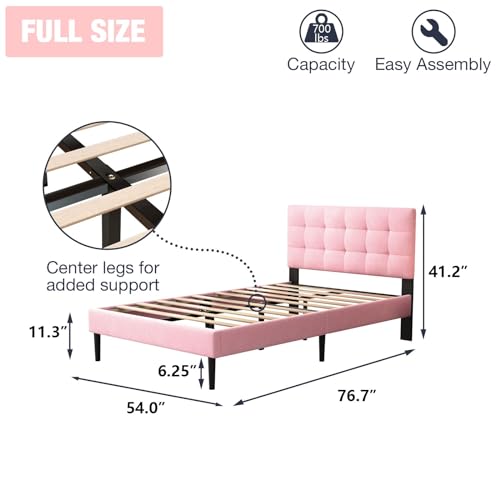 Daznzn Full Size Upholstered Platform Bed Frame, Velvet Bed Frame with Stitched Headboard and Strong Wooden Slat Support, Easy Assembly, No Box Spring Needed, Non-Slip and Noise-Free, Pink