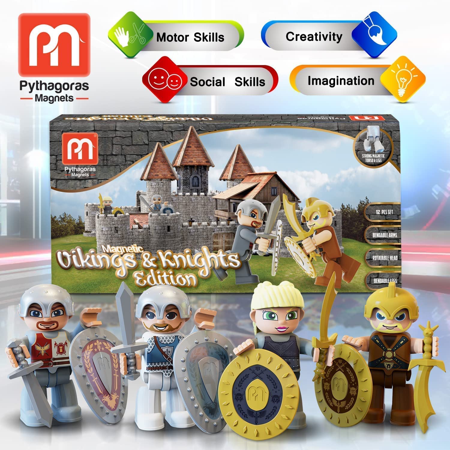 Pythagoras Magnetics Magnetic Figures Set with Knights and Vikings, Interactive Early Learning STEM Toys for Boys and Girls, Action Figures for Building Blocks and Tiles, Fun 12 pc. Add-On Kit