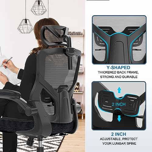 π―πΆπ΄π¬ πΆπππ°πͺπ¬ πͺπ―π¨π°πΉ, Ergonomic Mesh Desk Chair, High Back Computer Chair- Adjustable Headrest with Flip-Up Arms, Lumbar Support, Swivel Executive Task Chair (Modern, Black)