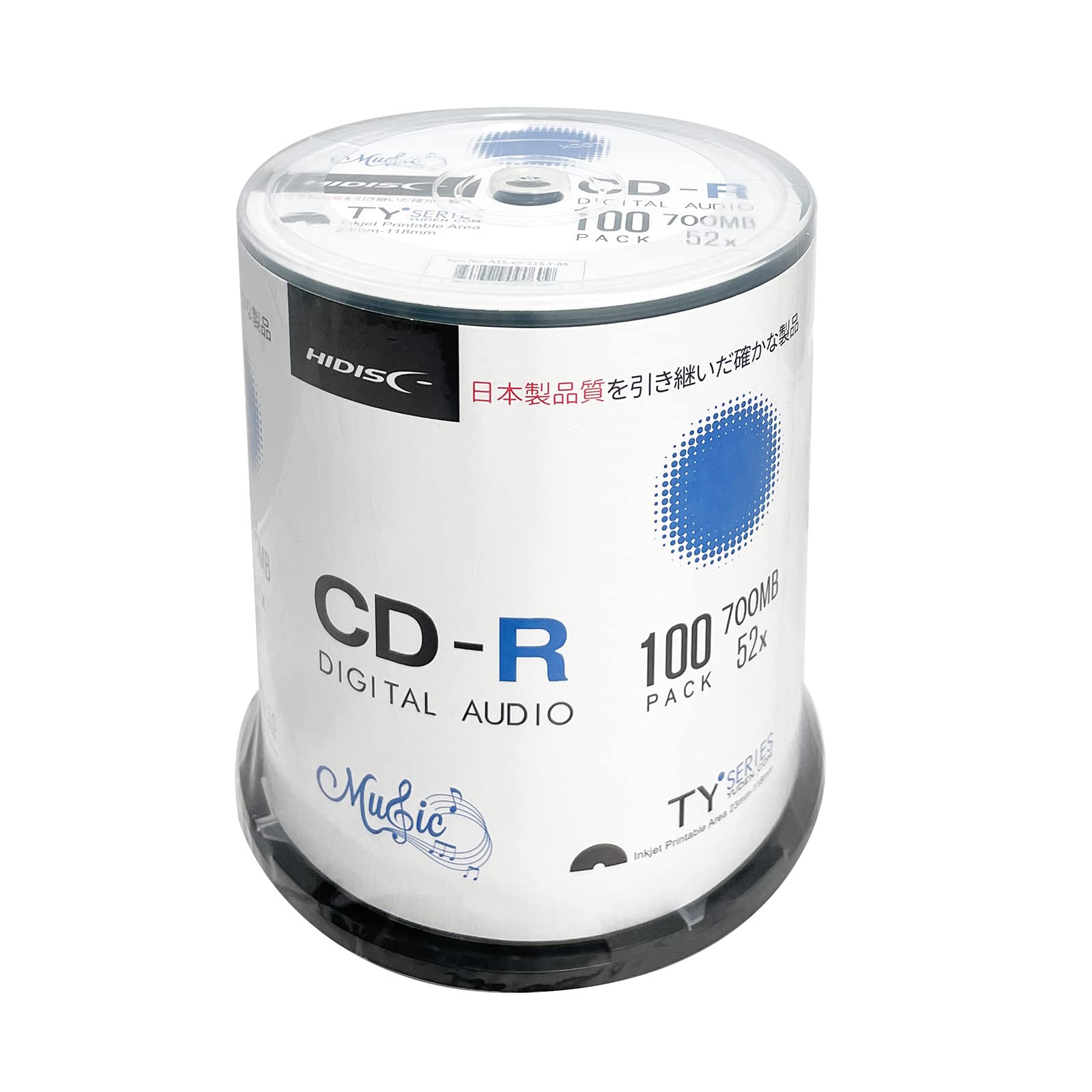 HIDISC TY Series Digital Audio Music CD-R 52X 700MB White Inkjet Printable - 100 Cake Box