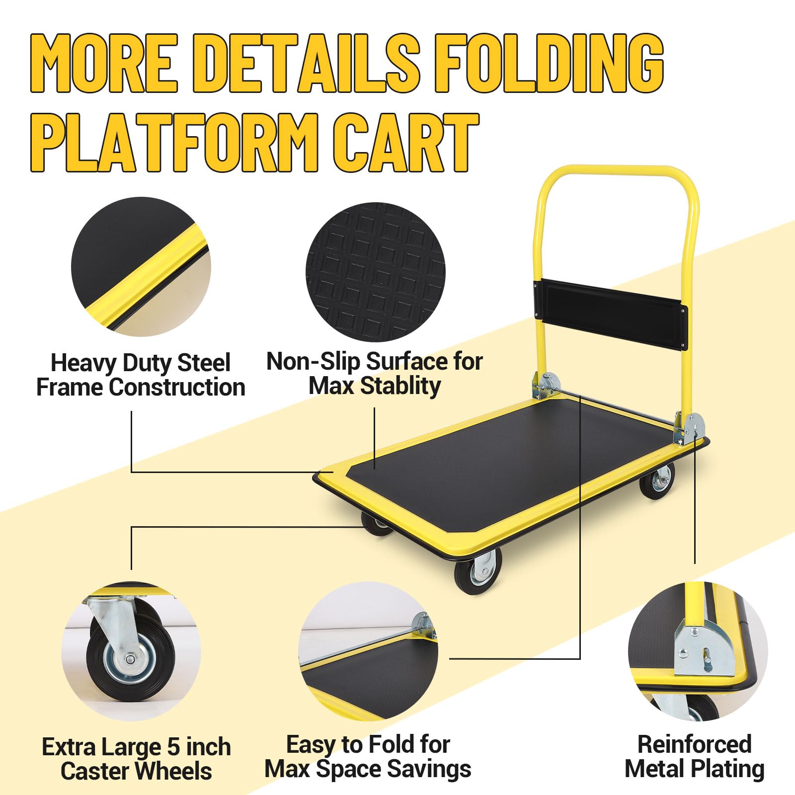 Euker Foldable Platform Truck 880 lbs Capacity Steel Flat Push Dolly with 5" Wheels 36" x 24" Heavy Duty Flatbed Hand Cart for Home Garden Office Warehouse Loading and Moving