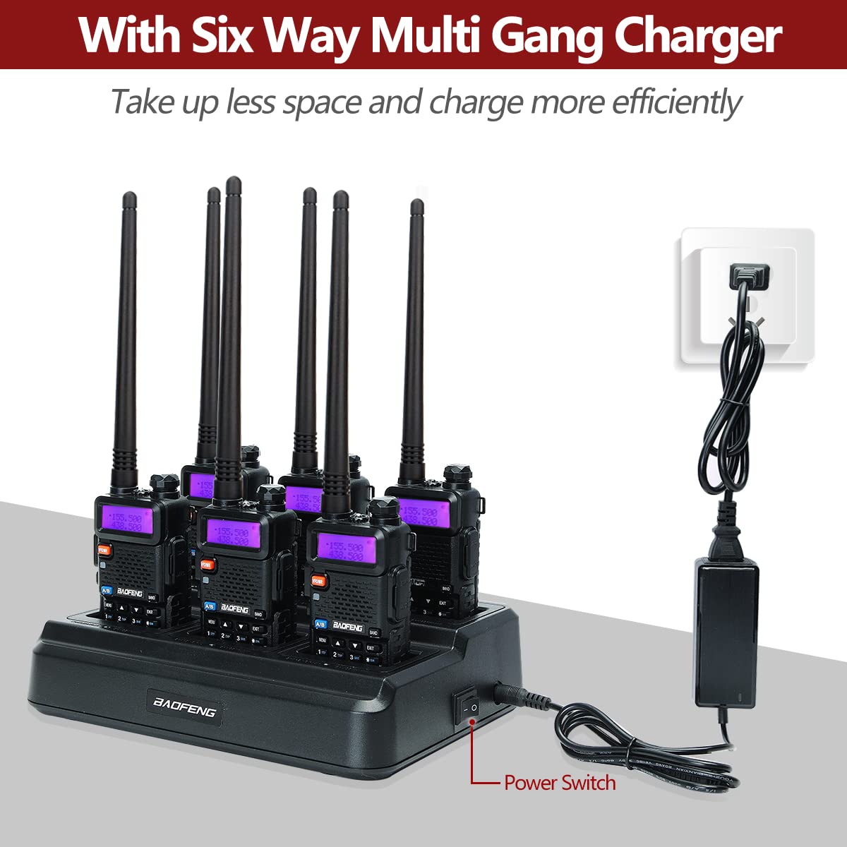 BAOFENG UV-5R 8W High Power Radio Long Range Walkie Talkie FCC ID Handheld Two Way Radio with 6 Way Multi Gang Charger,Programming Cable,6Pack