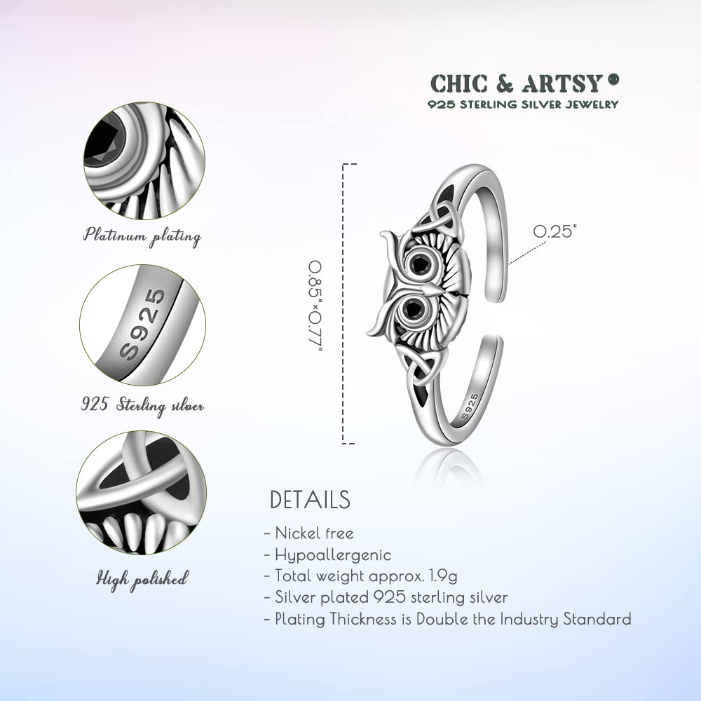 CHIC & ARTSY Night Owl Ring 925 Sterling Silver Owl Thumb Rings Owl Open Band Ring Celtic Knot Night Owl Ring Open Cuff Adjustable Ring for Women