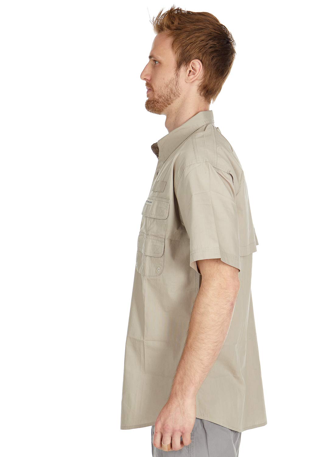 Baits Fishing Company | Men's Performance Fishing Shirt | Short Sleeve | Button Down | Vented | 100% Cotton (Sand, Large)