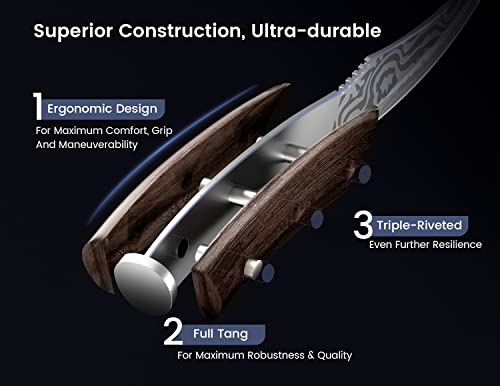 SYOKAMI Steak Knives Set Of 6, 4.8 Inch High-Carbon Japanese Stainless Steel Non-serrated Steak Knife With Wood Handle, Damascus Pattern Full Tang Design, Razor-Sharp Dinner Knives With Gift Box