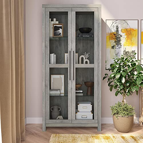 BELLEZE Storage Cabinet, Tall Bookshelf or Display Cabinet for Living Room Bedroom, Curio Cabinet with Tempered Glass Doors, Trophy Display Case, Storage/Organization - Avalon (Gray Wash)