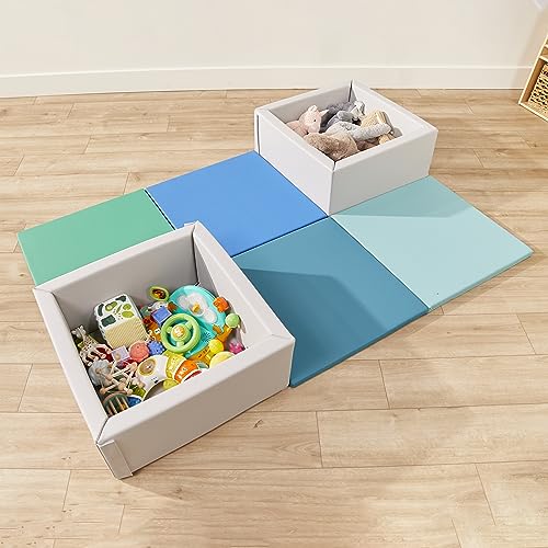 ECR4Kids SoftZone Play Patch Activity Mat and Toy Bins, Beginner Playset, Contemporary, 6-Piece