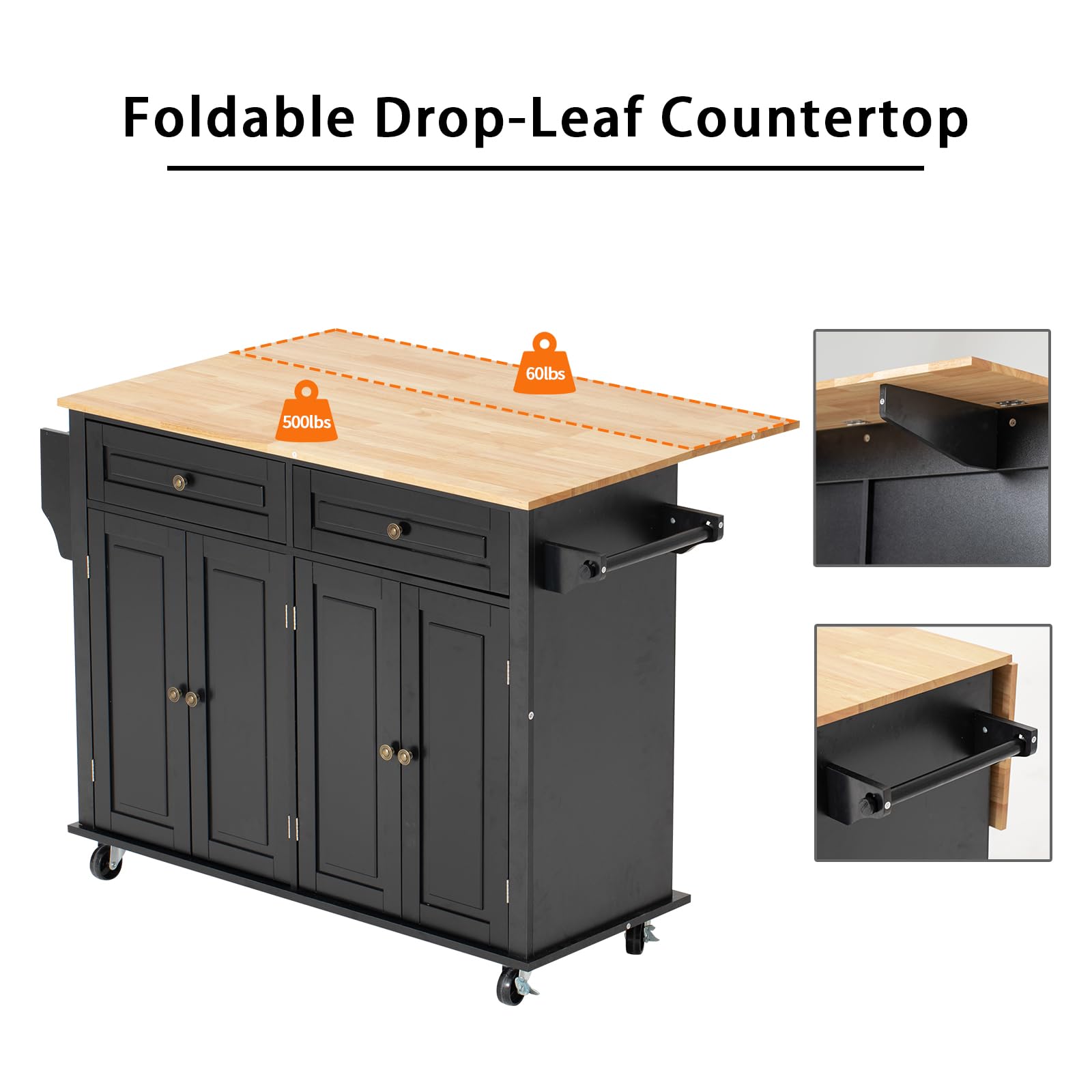 Bvldfamly Kitchen Island with Drop Leaf – Movable Kitchen Carts on Wheels Island with Storage Cabinet and Drawer, Island Table for Kitchen with Spice/Towel Rack, Black