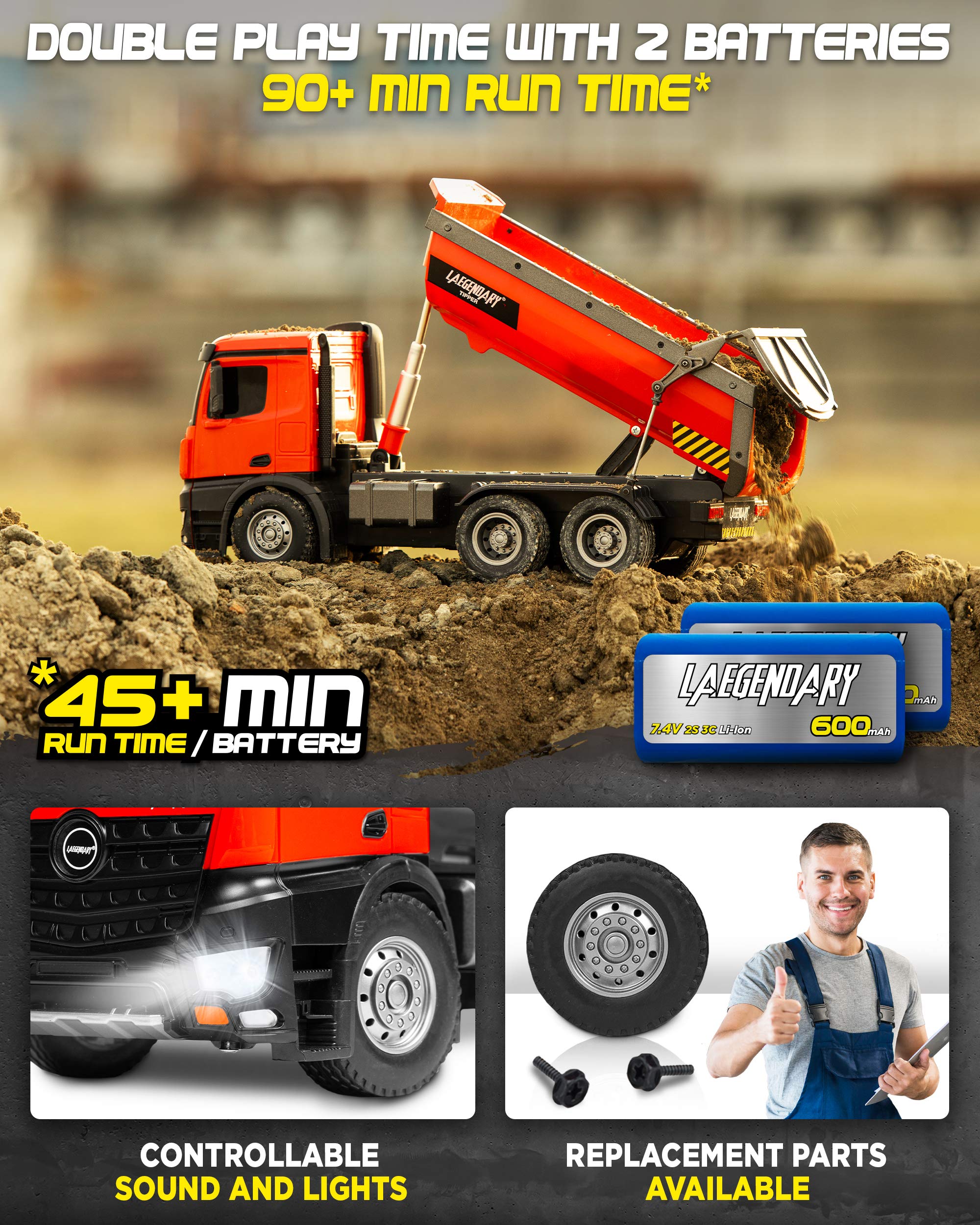 LAEGENDARY 1:14 Scale Large RC Excavator for Boys and Adults β Compatible with Excavators RC Construction Vehicles - 10 Channel Full Functional - Metal and Plastic Parts β 2 Batteries, 2 Chargers