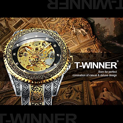 FANMIS Mens Luxury Engraving Wrist Watches Unique Tattoo Pattern Carved Stainless Steel Band Luminous Automatic Skeleton Watch (Gold Black)