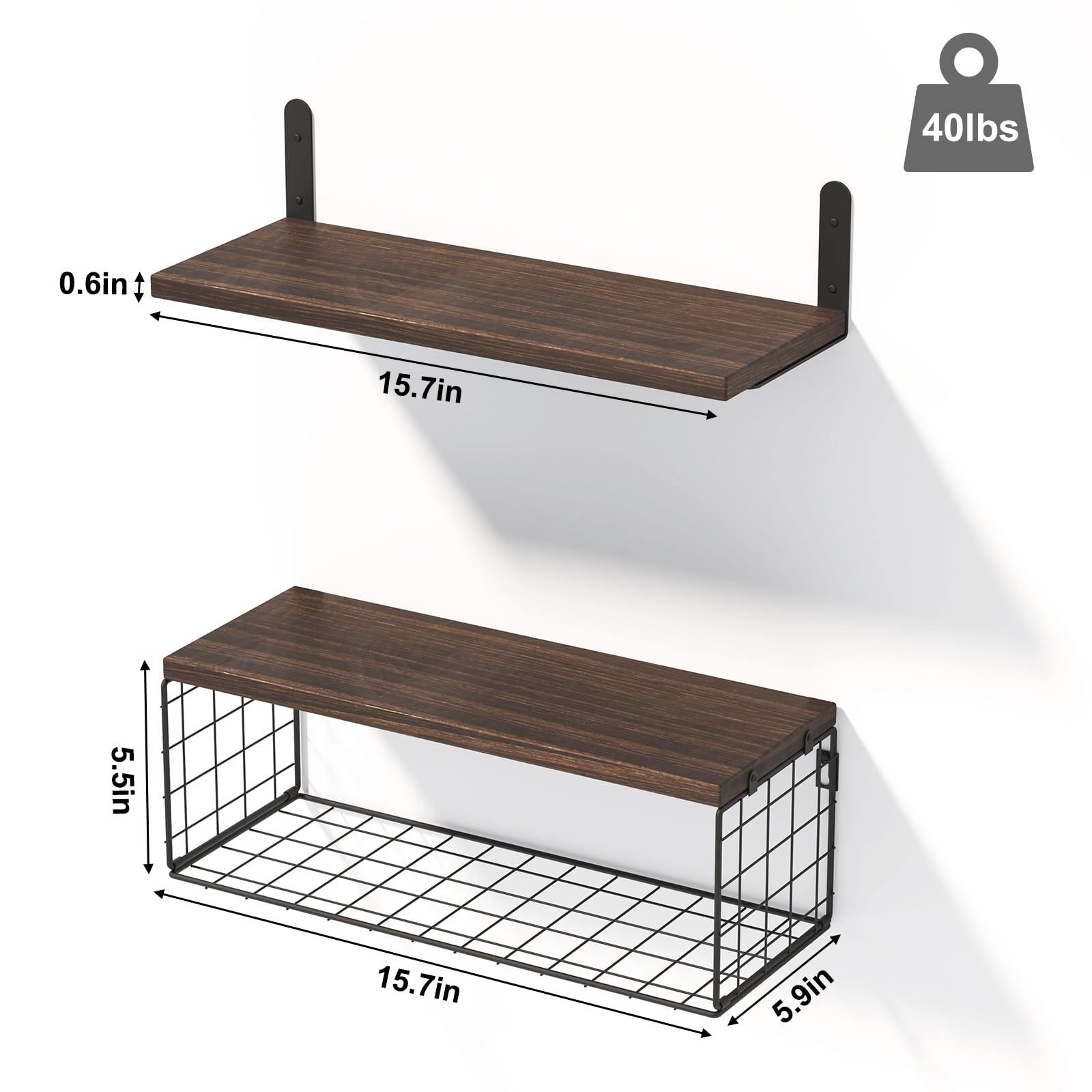 Fixwal 5+1 Tier Bathroom Floating Shelves, Wall Mounted Wood Shelves Over Toilet with Wire Storage Basket, Rustic Wall Decor for Bedroom, Kitchen, Living Room (Dark Brown)