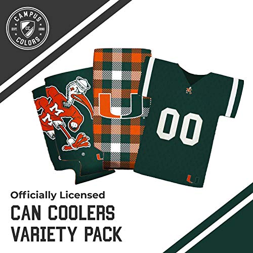 Campus Colors 4 Pack Variety Can and Bottle Cooler Tailgate Bundle (Miami Hurricanes - Multicolor)
