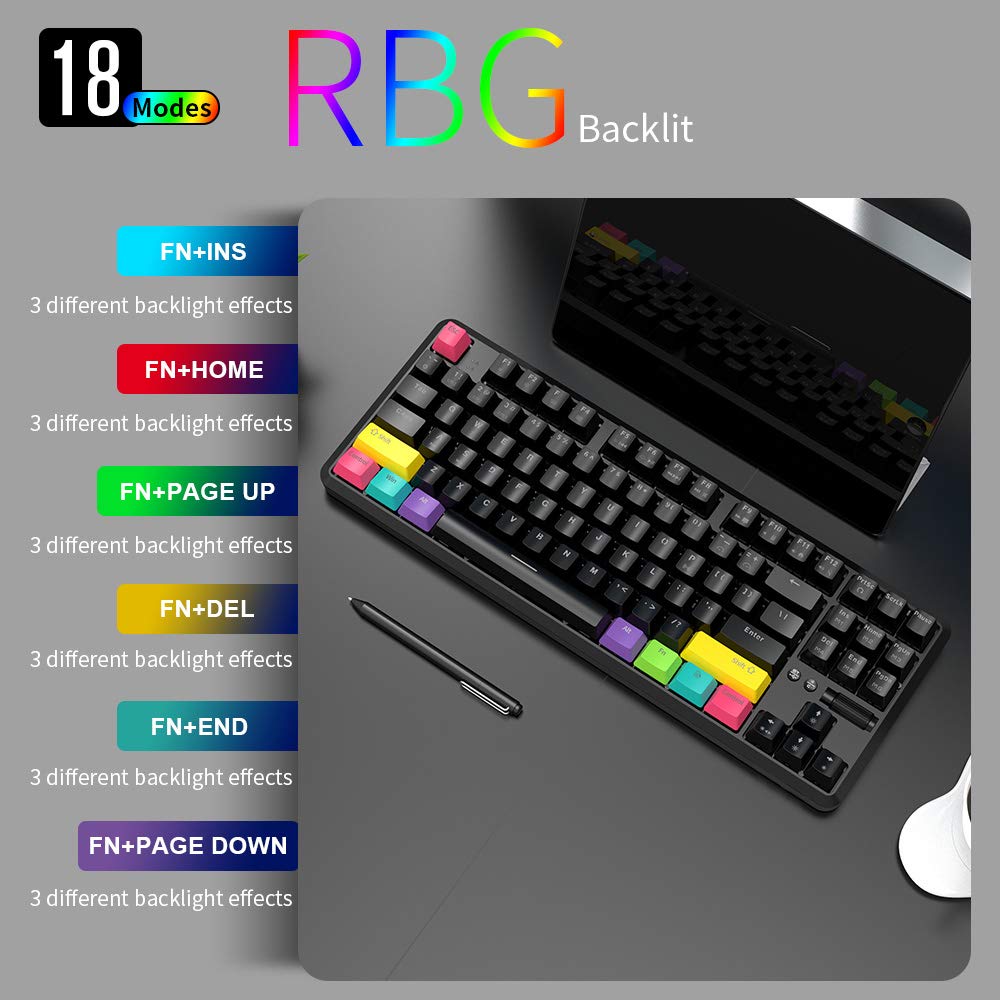 NACODEX K870T TKL Wired/Wireles RGB Mechanical Keyboard | Tenkeyless Bluetooth Keyboard with Volume Wheel Design | 10PCS Mixed Color Keycaps, Up to 3 Devices for Office Gaming (Blue Switch)