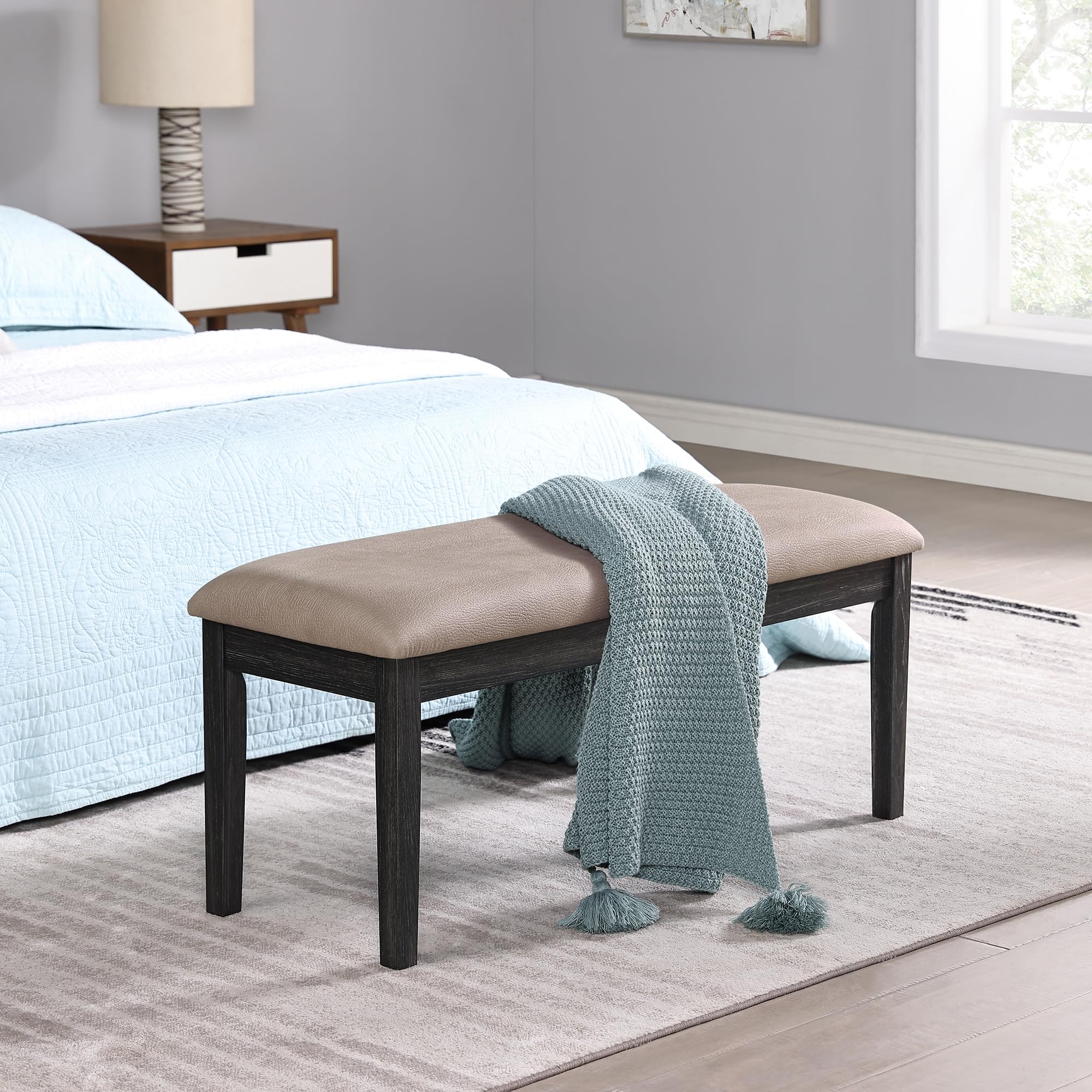 BAOMKONG Upholstered PU Leather Bench, Entryway Bench with Solid Wood Legs Comfy Thick Padded End of Bed Bench Footrest Stool for Kitchen Dining Bedroom Living Room, Light Brown