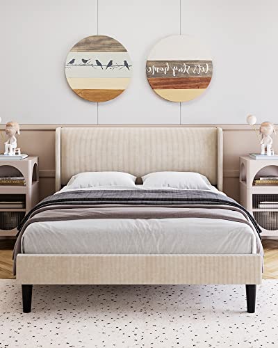 Homhougo Queen Bed Frame, Upholstered Platform Bed with Wingback Headboard, Velvet Upholstered Bed Frame with 2 Storage Pockets, Strong Wooden Slat Support, Easy Assembly, Box Spring Optional, Beige