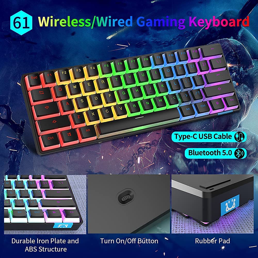 NACODEX Mini 60% Mechanical Gaming Keyboard - PBT Pudding Keycap Bluetooth 5.0 Rainbow Keyboard - 1000mAh Ultra-Compact Keyboard for Win/Mac/PC Gamer (Red Switch White)