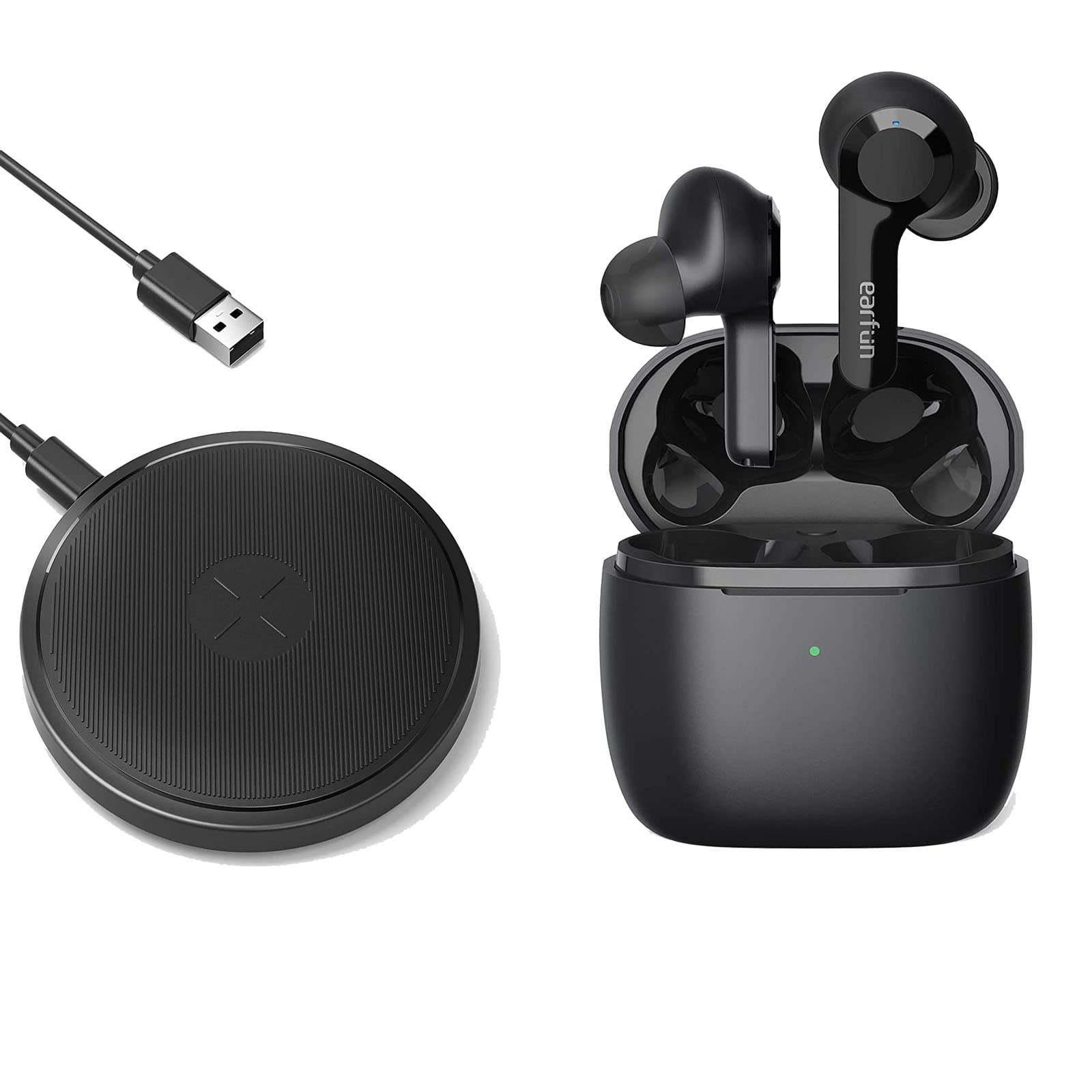 EarFun True Wireless Earbuds, Air Bluetooth Earbuds with IPX7 Waterproof with 4 Mic Wireless Charger, Qi-Certified 15W Max Fast Wireless Charging Pad Compatible with iPhone