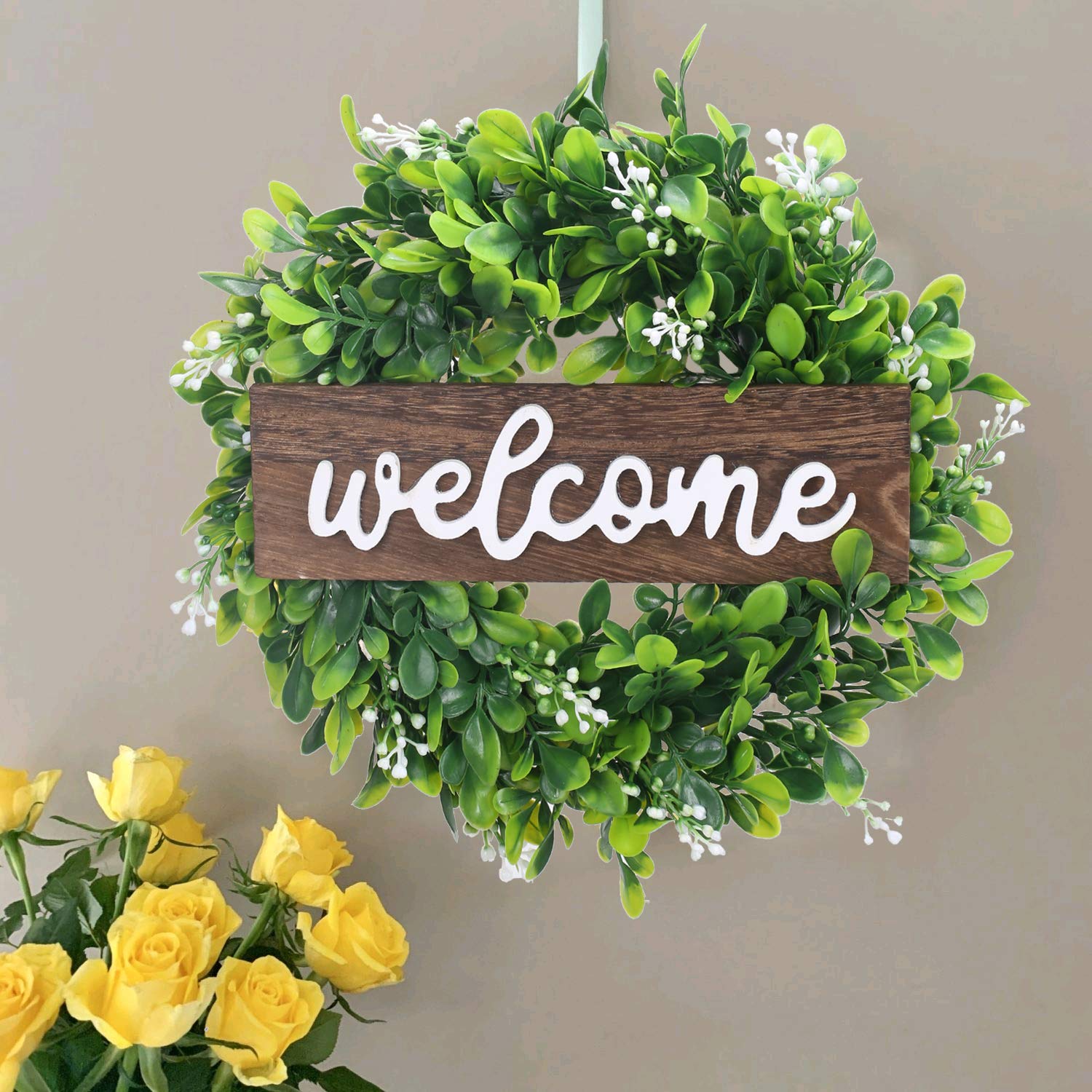 NAHUAA 12 Inch Boxwood Wreath for Front Door Artificial Green Leaves Spring Wreath with Welcome Sign for Farmhouse Wreath Wall Window Wedding Home Table Centerpiece