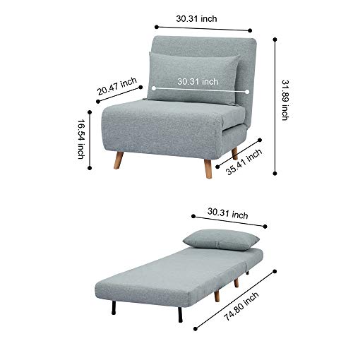 GIA Tri-Fold Light Gray Single Seat Convertible Futon with wooden effect leg/Sofa Bed with Romevoable pillow, Extra Thickness,Flexible position change and Space-Saving.