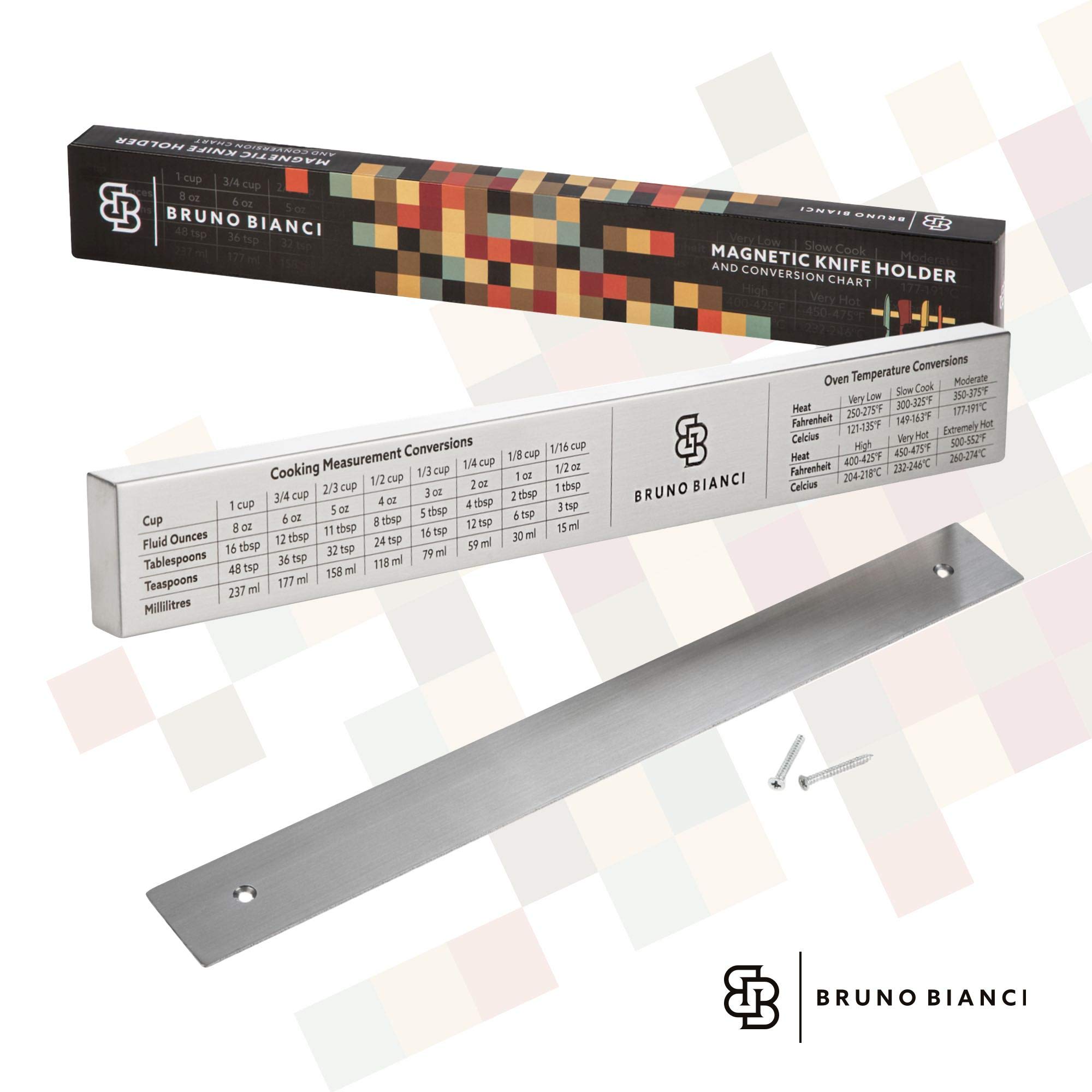Bruno Bianci Magnetic Knife Strip with Cooking Conversion Charts -16 Inch Premium Wall-Mounted Knives Organizer, Space-Saving Kitchen Utensil Holder for Home Cooks and Master Chefs