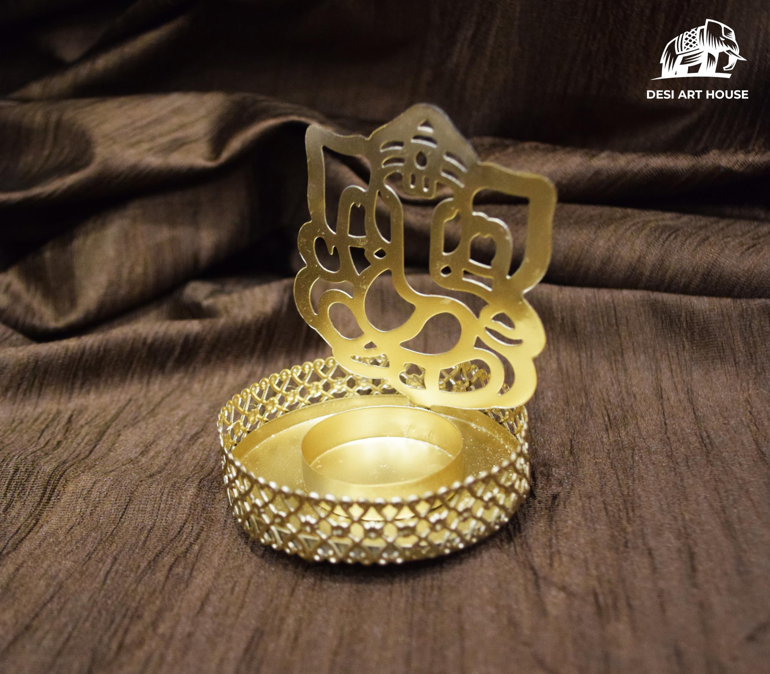 Decorative Ganesha Tea Light with Perforated Gold-Tone Base, Diya, Indian Diwali Celebration, Festival, Happy Diwali