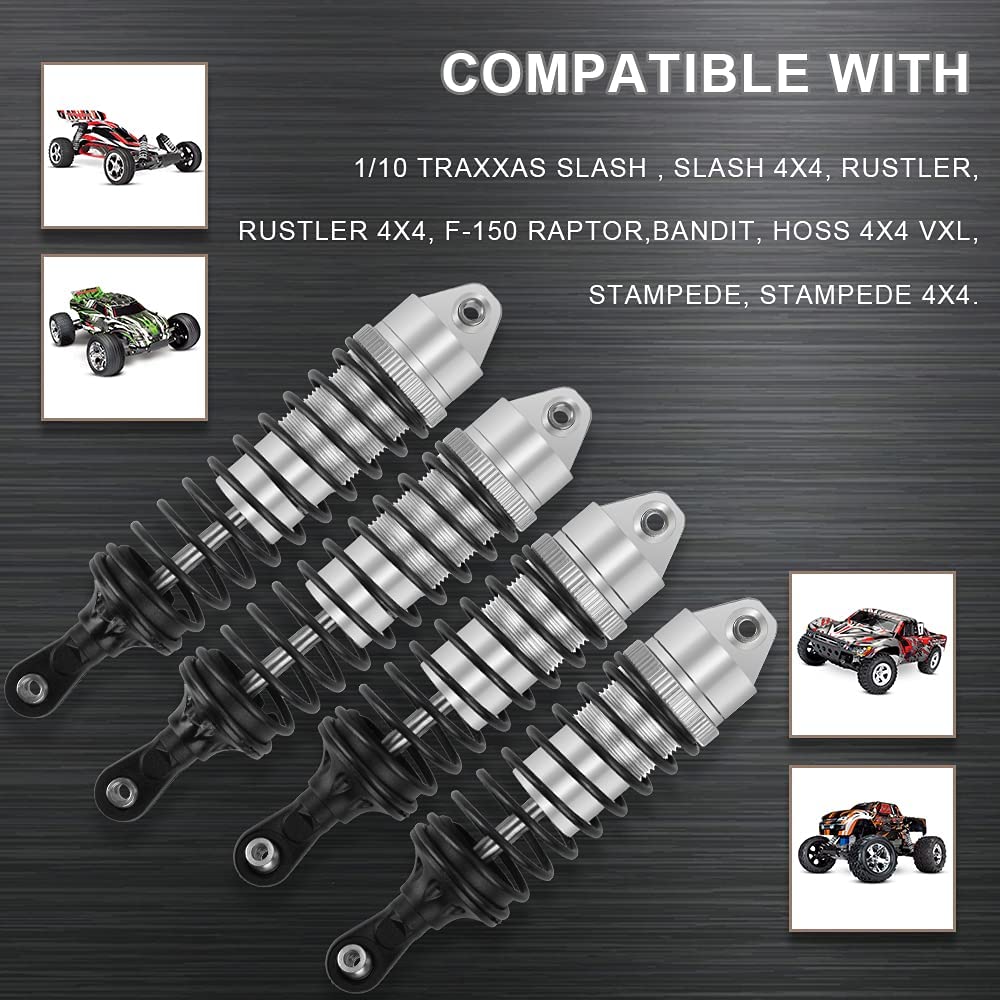 OGUNKE RC 4PCS Aluminum Front & Rear RC Shocks for 1/10 RC Truck Traxxas Slash 2WD/4x4 shocks Rustler 4X4 shocks Stampede 4X4 shocks Hoss 4X4 Replace 5862 (Silver)