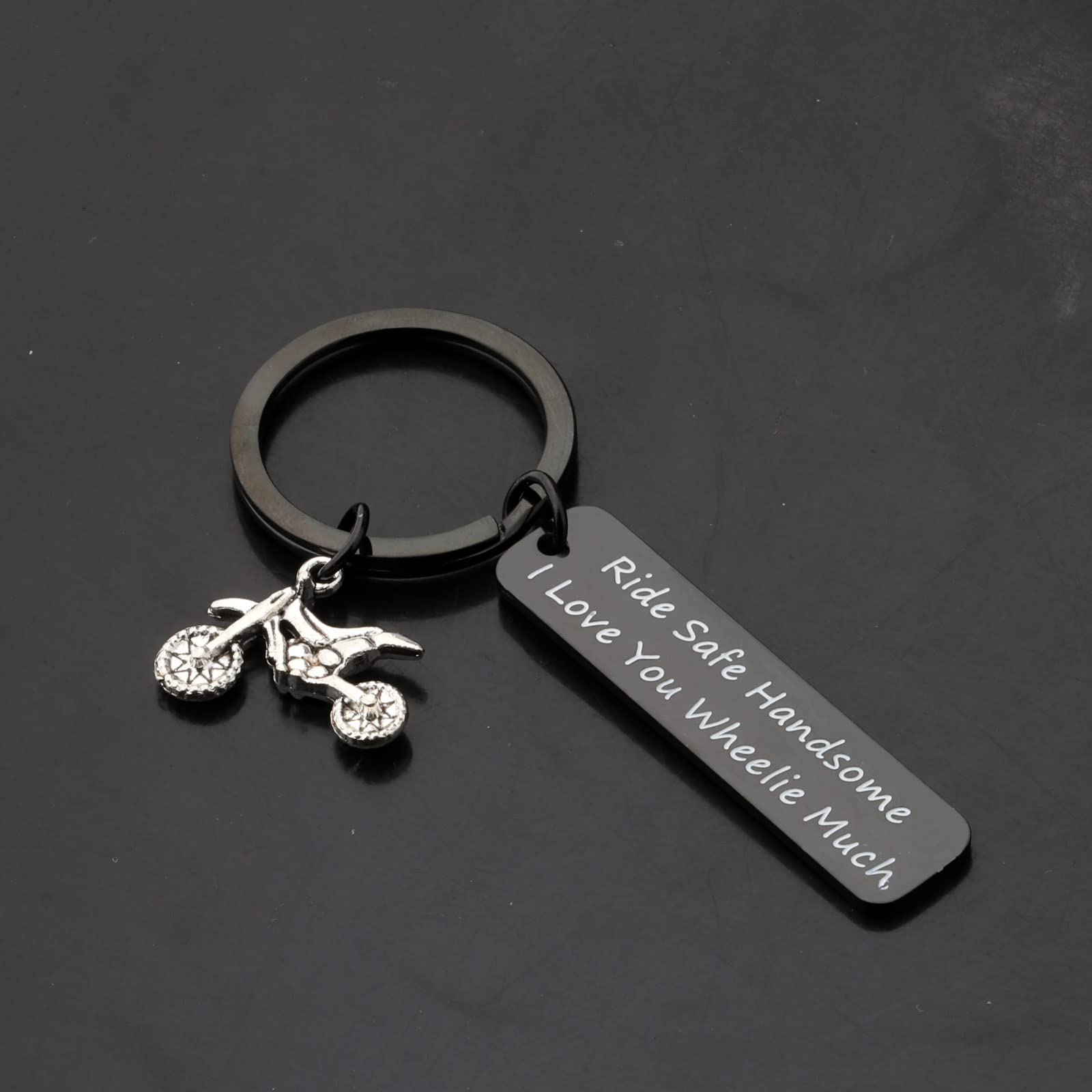 BLEOUK Dirt Bike Driver Boyfriend Husband Gift Ride Safe I Love You Wheelie Much Motorcycle Keychain for Him (RIDE WHEELIE black)