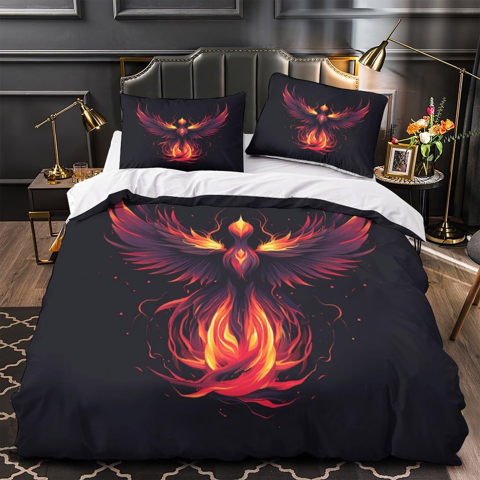 EVMILA Fire Phoenix Bedding Set 3D Printed Comforter Covers Duvet Cover Quilt Cover with Pillowcases for Childrens and Adults 3 Pieces Microfiber with Zipper Closure Twin(173x218cm)
