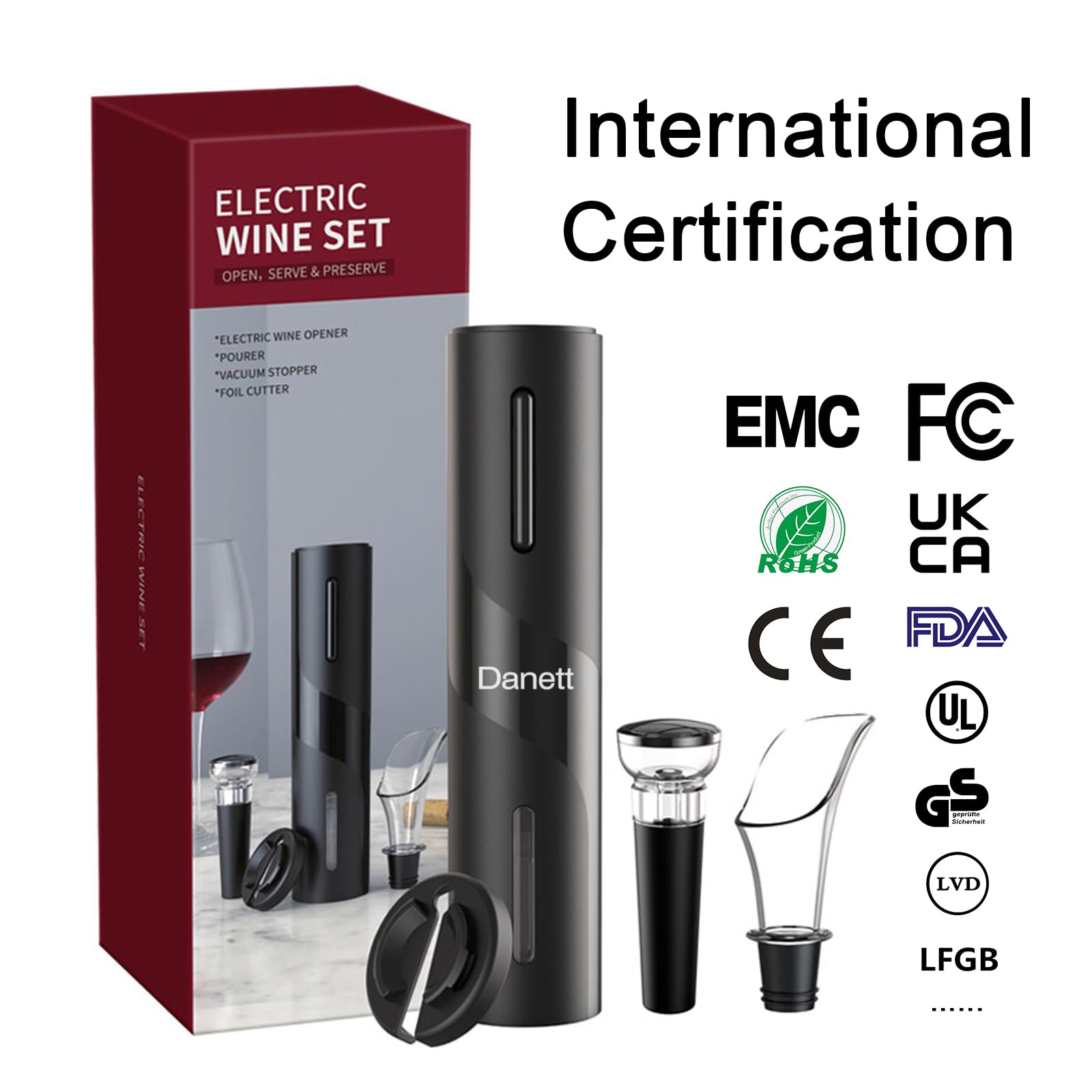 Danett Electric Wine Opener Set - Automatic Corkscrew Opener with Foil Cutter, Pourer, and Vacuum Stoppers - Battery Operated - 4-in-1 Wine Accessories Kit-for Wine Lovers