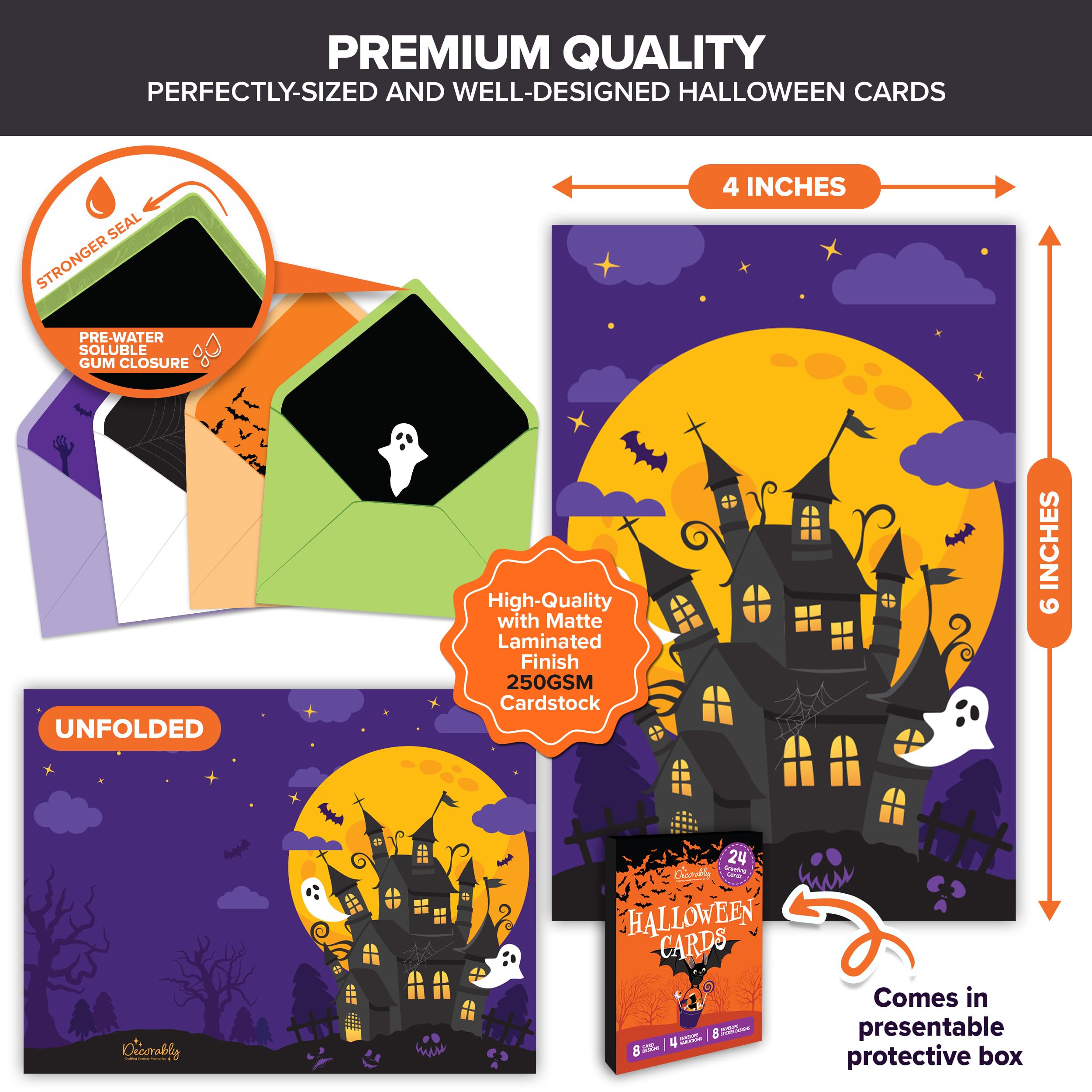 Decorably 24 Pack Happy Halloween Cards with Envelopes & Stickers - 8 Designs Blank Inside Halloween Cards and Envelopes, 4x6in Halloween Cards for Kids, Halloween Note Cards, Halloween Greeting Cards