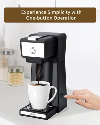 Teglu Upgraded Single Serve Coffee Maker 2 in 1 for K Cup Pods & Ground Coffee, Mini K Cup Coffee Machine 6-14 oz, One Cup Coffee Brewer with One-Bouton Fast Brewing, Reusable Filter, Slim Version