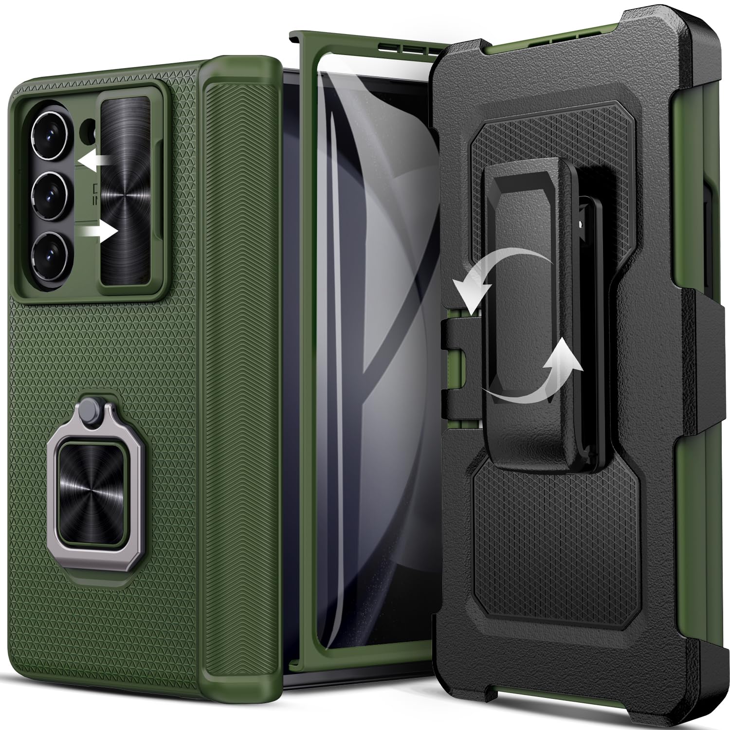BXYJY for Samsung Galaxy Z Fold 5 Case with Belt Clip, Built-in Ring Kickstand & Front Screen Protector & Slide Camera Cover & Hinge Protection & Heavy Duty Case for Galaxy Z Fold 5 5g 2023, Green